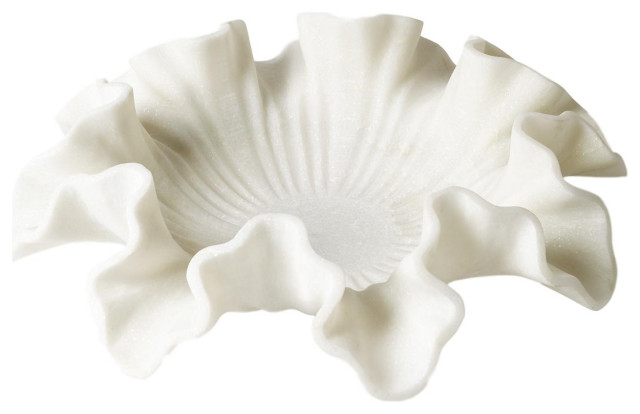 Ornate Carved White Ruffle Solid Marble Bowl 18" Decorative Centerpiece ...