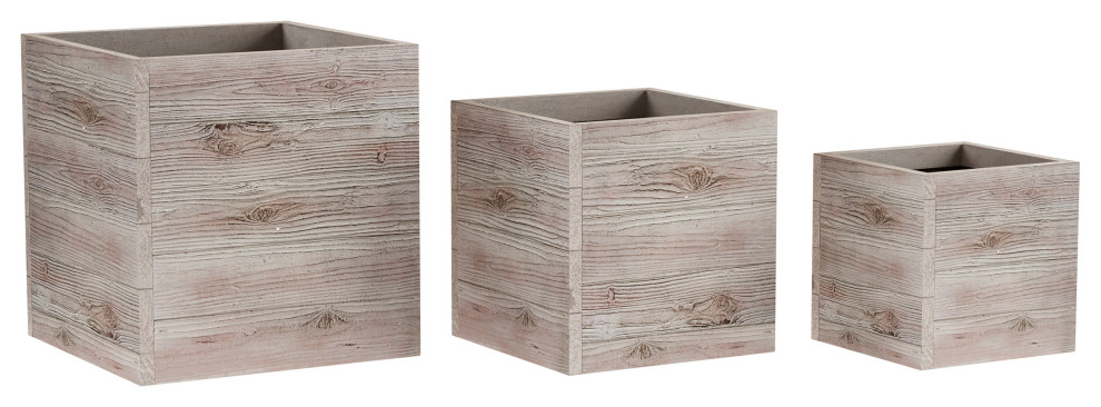 3-Piece Square Planter Set - Rustic Wood-Look Fiber Clay Pots ...