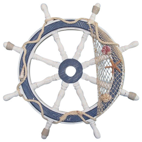 24" Distressed White and Blue Wood Ship Wheel - Beach Style - Wall ...