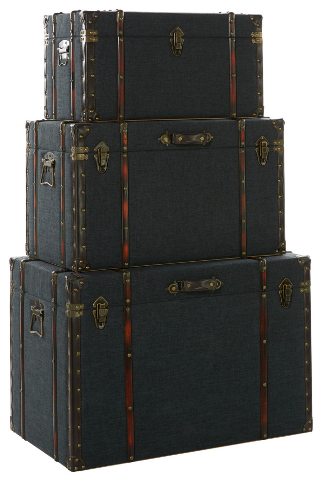 Traditional Blue Linen Fabric Trunk Set 55789, S/3 24", 28", 32"W ...