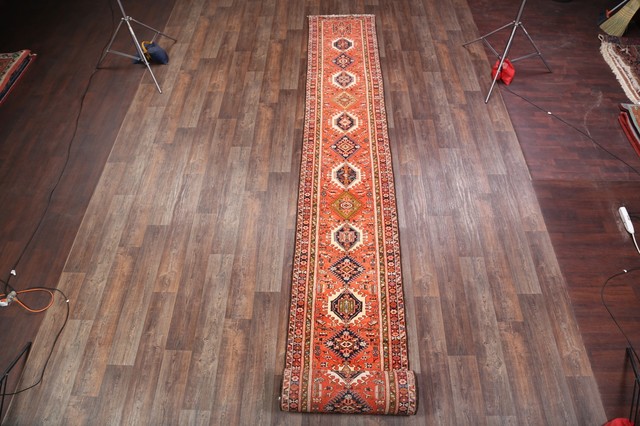 Gharajeh Geometric Handmade 31' Persian Oriental Rug Runner, Orange, 31 ...