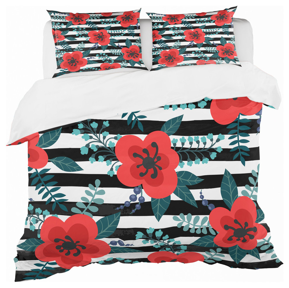 Red Flowers With Leaves, Branches and Berries Floral Duvet Cover Set ...