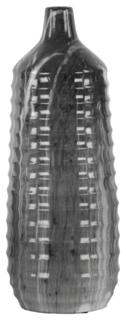 Marbleized Round Ceramic Bottle Vase With Ribbed Body, Tall, Glossy ...