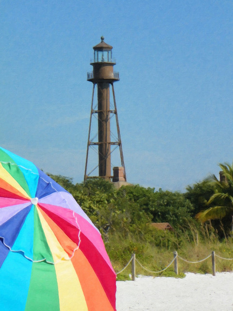 Sanibel Lighthouse with Umbrella 30x40 - Beach Style - Prints And ...
