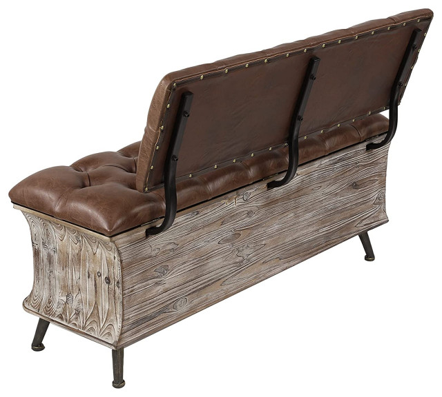 Rustic Storage Bench, Unique Design With Tufted Brown Faux Leather Seat ...