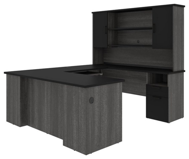 Atlin Designs Transitional Wood U Shaped Computer Desk in Black/Bark ...