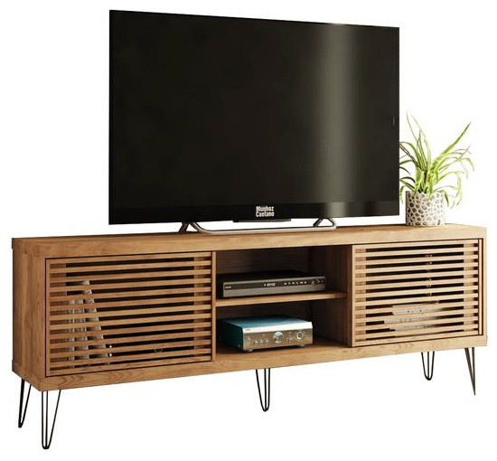 HomeRoots Modern TV Stand With Metal Legs And Light Wood-Slat Sliding ...