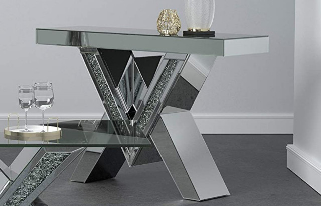 Elegant Console Table, Mirrored Design With V-Shaped Details & Glass ...
