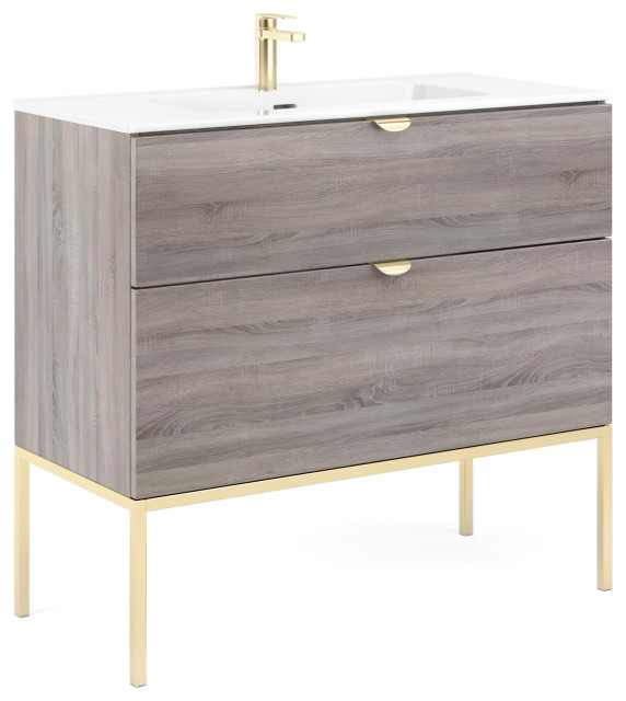 Aspen 40" Bathroom Vanity With Sink, Weathered Oak, Glossy Gold ...