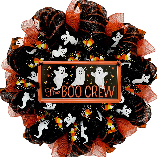 Boo Crew Halloween Wreath With Adorable Ghosts Handmade Deco Mesh ...