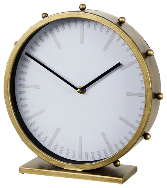Marian 11" Gold Metal Studded Round Table Clock - Modern - Desk And ...