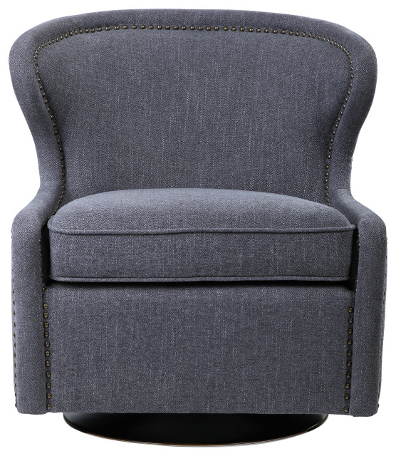 Modern Charcoal Gray Wing Back Accent Chair Swivel Mid Century Plush ...