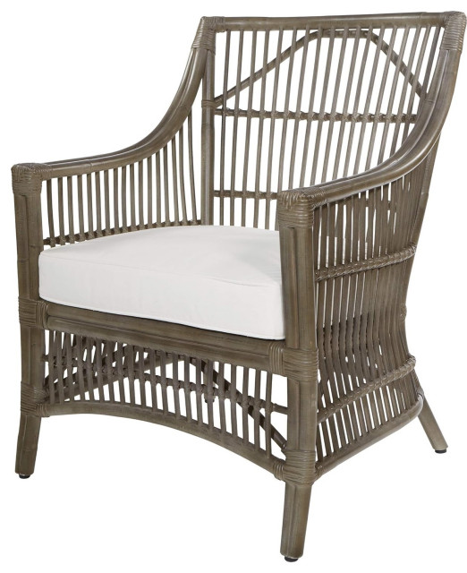 Tropical Accent Chair with Grey Padded Seat Cushion and Slatted Rattan ...