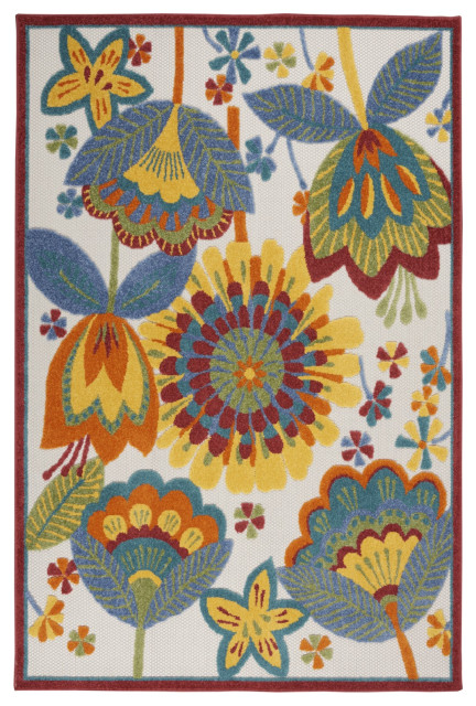 6' X 9' Yellow And Ivory Floral Indoor Outdoor Area Rug - Contemporary ...