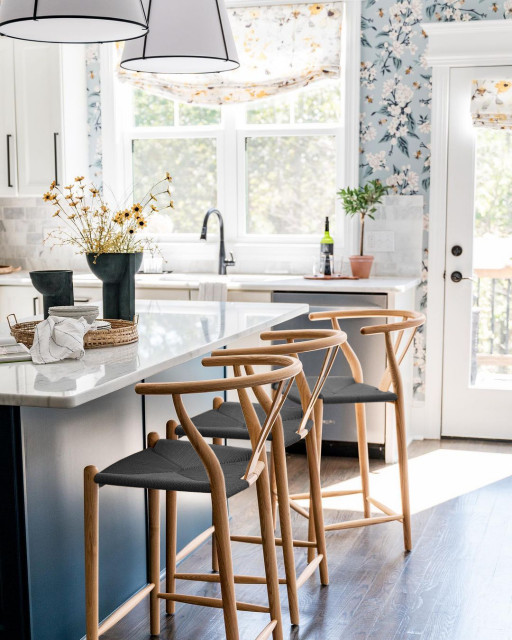 Set of 2 Solid Wood Elbow Counter Stool with Y Back, Woven Black Seat ...