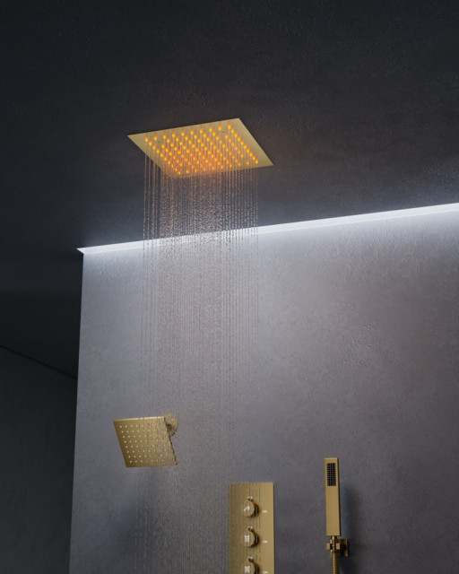 LED Dual Heads 12" Rain Shower System With Thermostatic 4-Way Faucet ...