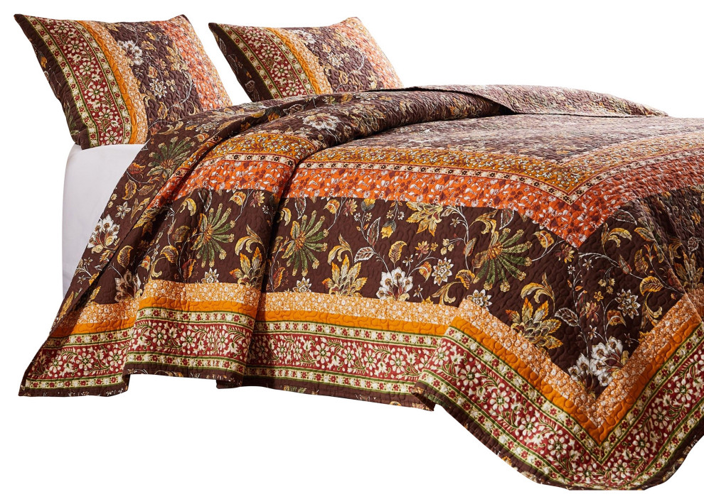 Benzara BM281995 Twin Quilt Set, Bohemian, Jacobean Floral Print, Brown ...