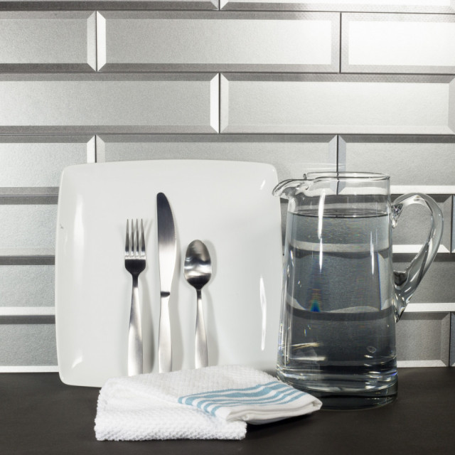 Forever 3"x12" Reverse Bevel Glass Subway Tile,Glossy Silver, Piece ...
