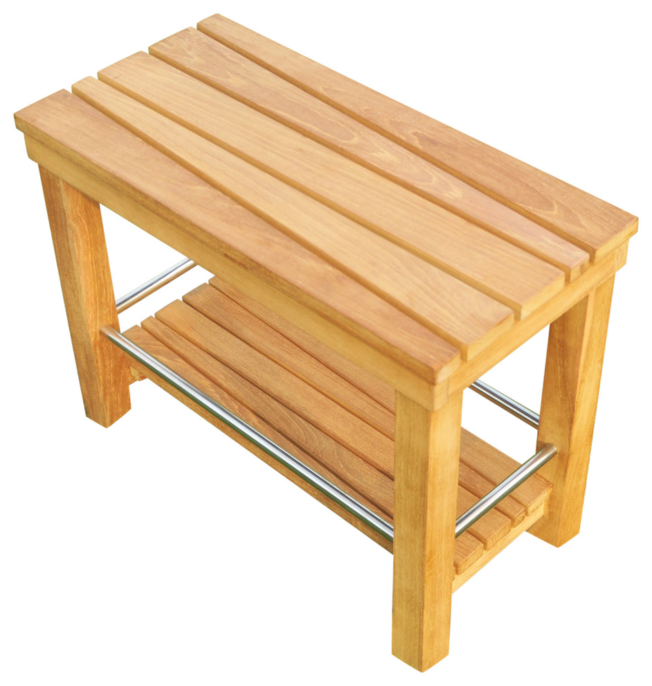 24" Outdoor Teak Patio Framantle Shower Bench With Bottom Shelf, Large ...