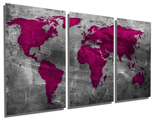 Amaranth Purple World Map, Metal Print, 3 Panel Split, Triptych Wall ...
