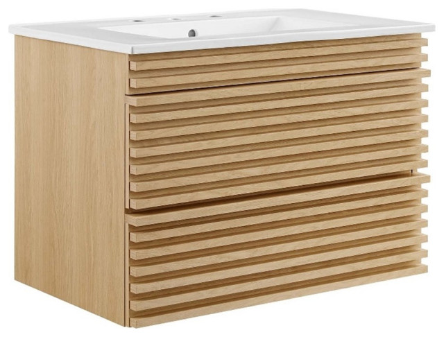 Modway Render 30" MDF Wood Wall-Mount Bathroom Vanity in Oak/White ...