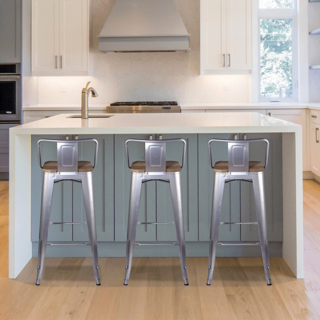 Metal Silver Bar Stools With Lowback Light Wooden Seat, Set of 1 ...