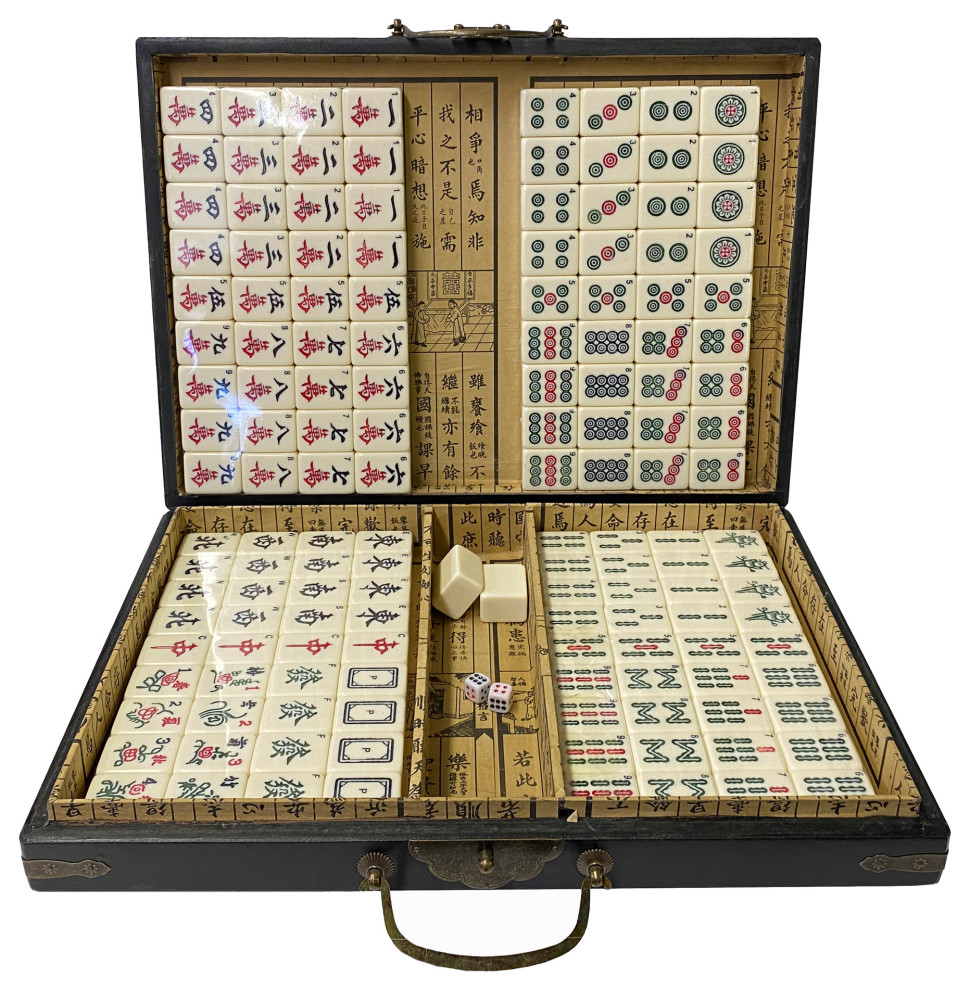 Chinese Handmade Black Vinyl Box Regular Size Mahjong Tiles Game Set ...