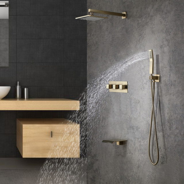 8" Shower System, Brushed Gold 3 Function Shower Fixture, Tub Spout ...