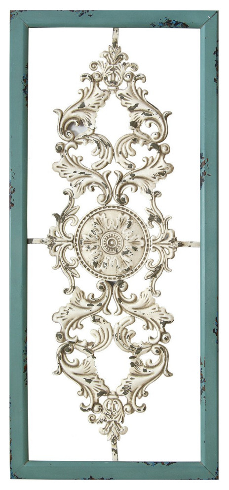 HomeRoots Distressed White and Turquoise Framed Scroll Metal Panel ...