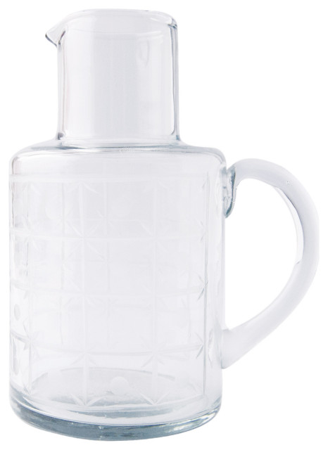 Hand-Blown Etched Reclaimed Glass Pitcher With Tall Neck and Handle ...