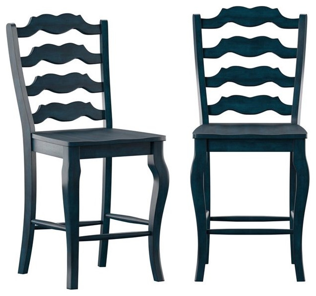 Set of 2 Counter Stool, Wooden Seat With Unique Wavy Ladder Back ...