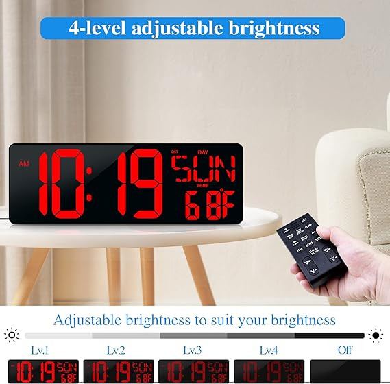 Large Digital Wall Clock with Remote Control 17.2" LED Large Display ...