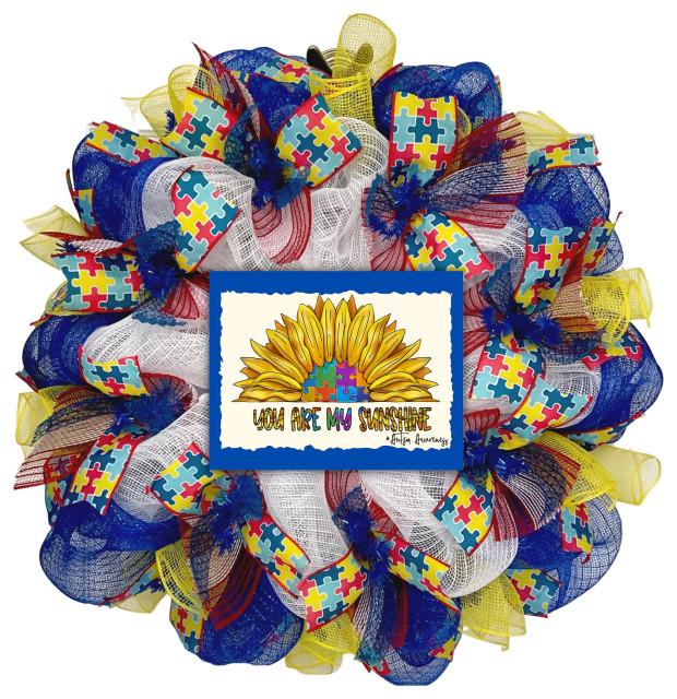 Autism Awareness Sunflower Wreath Handmade Deco Mesh - Contemporary ...