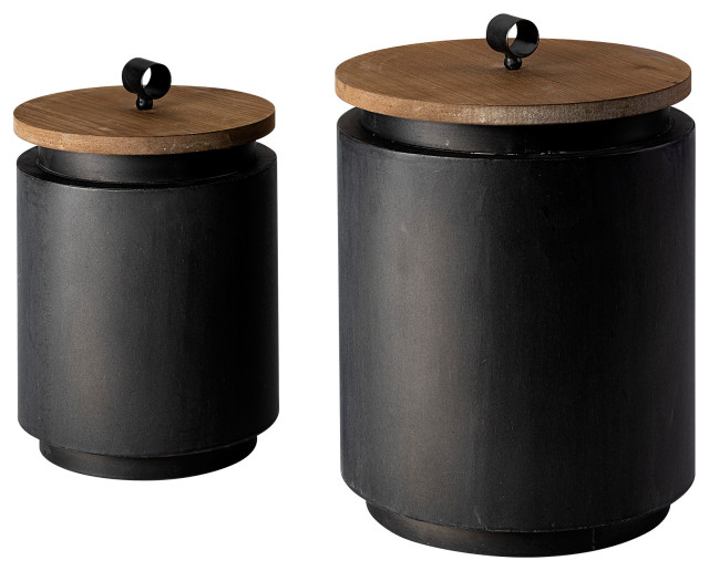 Cyril, 2-Piece Set, Gray Metal With Brown Wood Lids Jars - Transitional ...