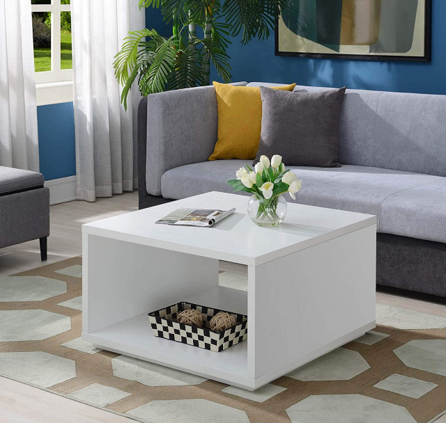 Contemporary Coffee Table, Square Design With Bottom Open Shelf, White ...