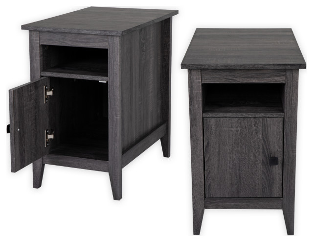 Wood Side Table, Narrow End Table With Cabinet and Shelf Dark Gray, Set of 2 - Transitional ...