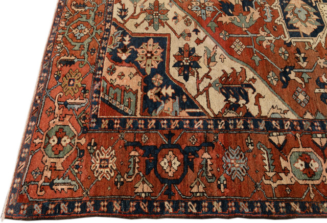 Handmade Antique Persian Serapi Medallion Wool Rug, Orange-Rust Color ...