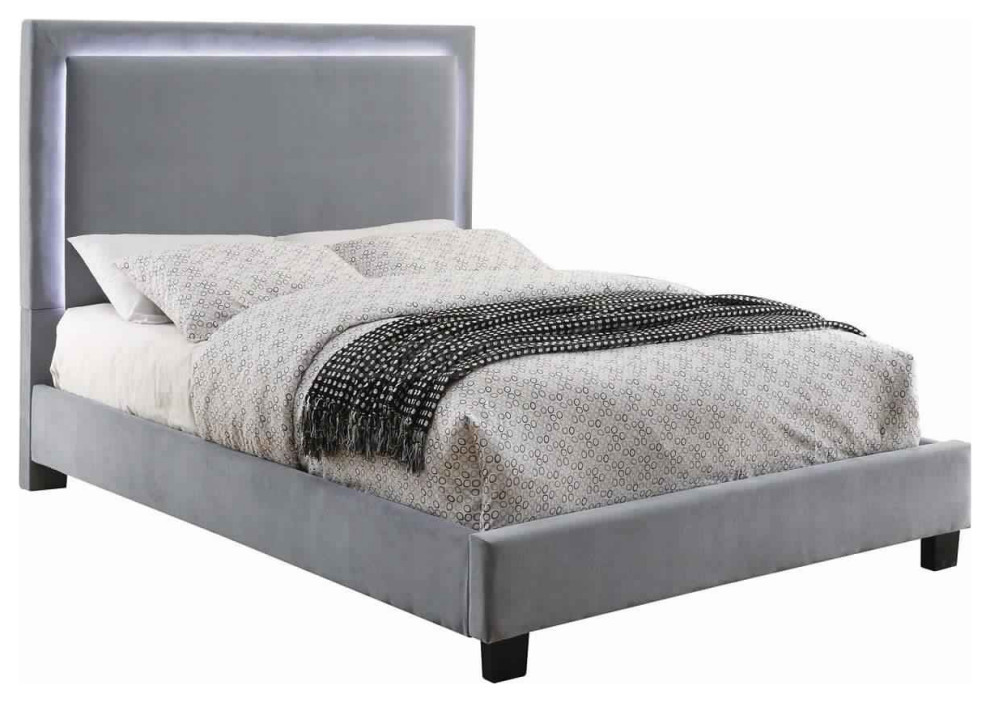 Fabric Padded Twin Size Bed with LED Backlight Headboard, Gray ...