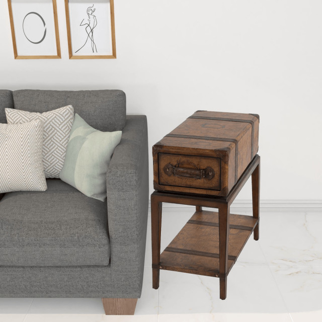 24" Brown Old World Map End Table With Drawer And Shelf - Transitional ...