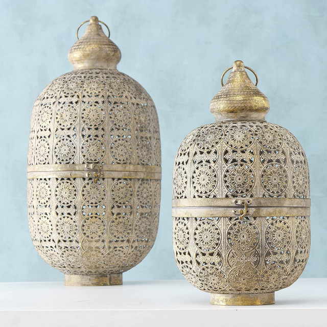 2 Piece Moroccan Metal Lacy Lattice Lantern Set, 25 1/2 L x 12 1/2 W x ...