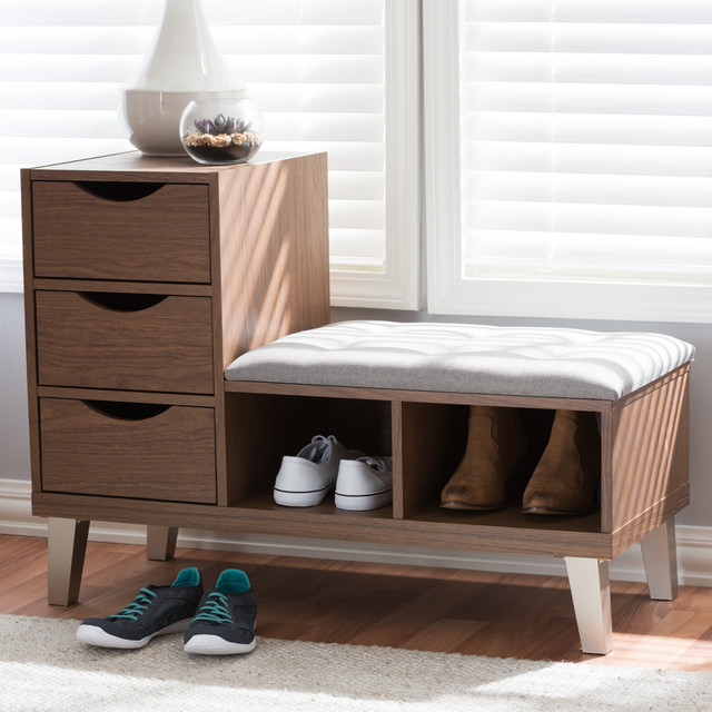 Arielle Walnut Wood 3-Drawer Shoe Storage Gray Fabric Upholstered ...