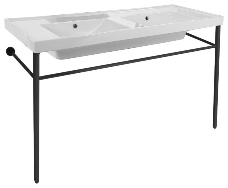 Double Ceramic Console Sink and Matte Black Stand - Contemporary ...