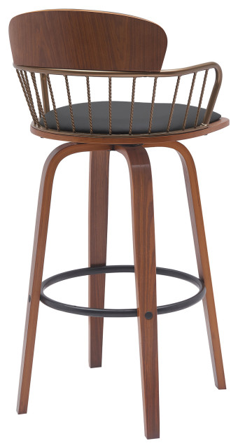 Willow 25.5" Swivel Walnut Wood Counter Stool, Black Faux Leather ...