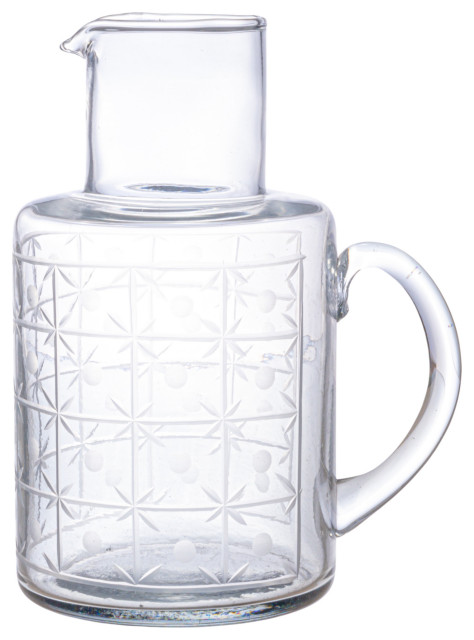 Hand-Blown Etched Reclaimed Glass Pitcher With Tall Neck and Handle ...