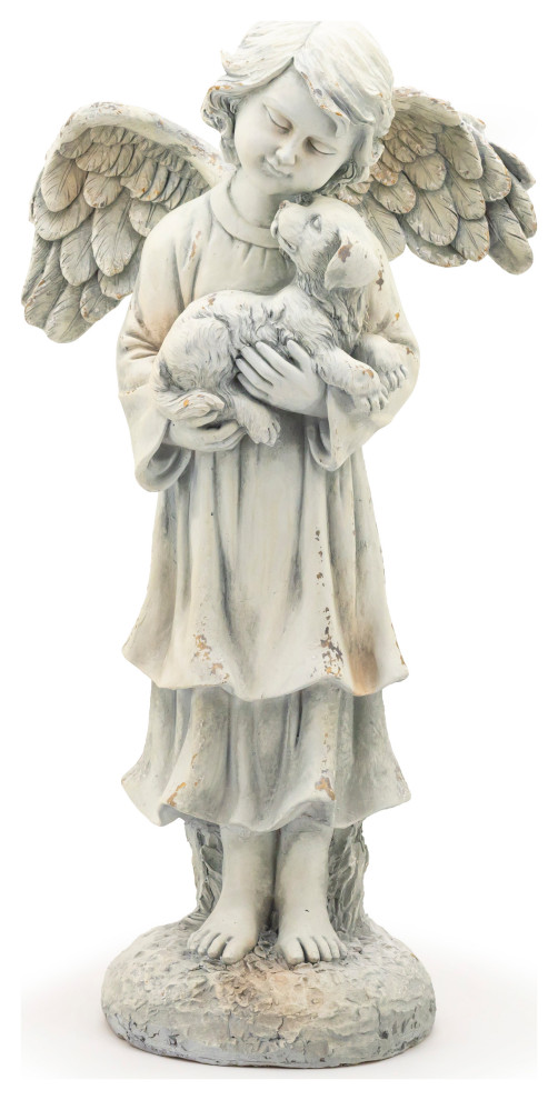 39" Tall Magnesium Angel Statue Holding Dog - Traditional - Garden ...