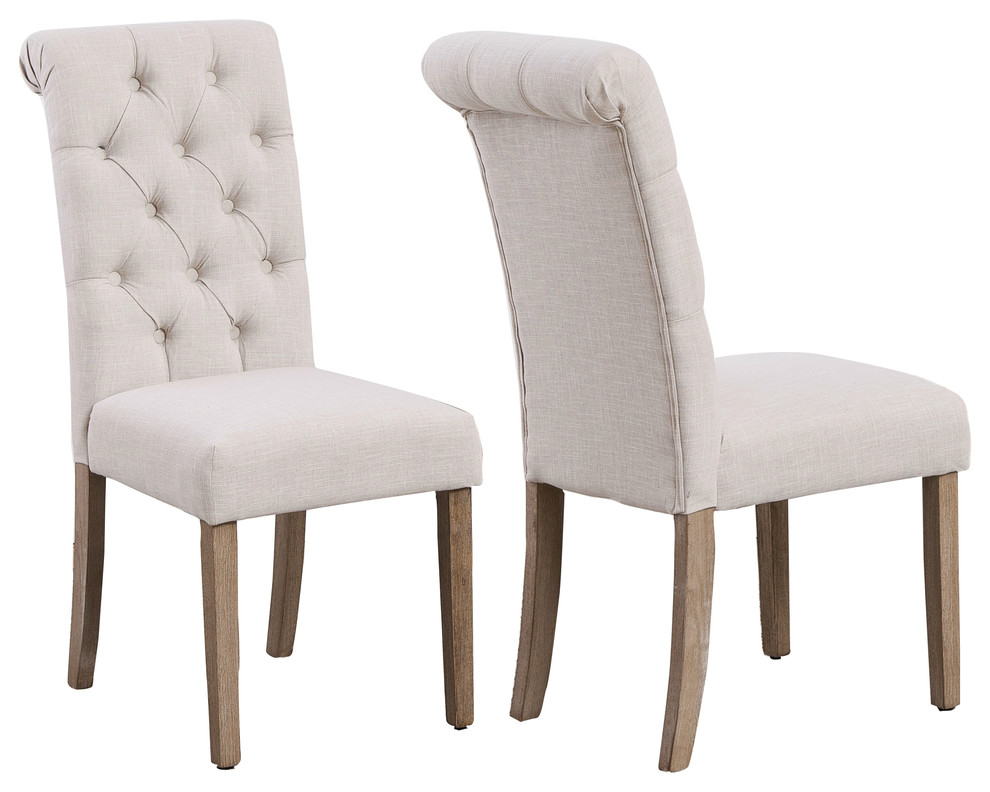 High Back Linen Ivory Tufted Upholstered Dining Chairs, Set of 2, Beige ...