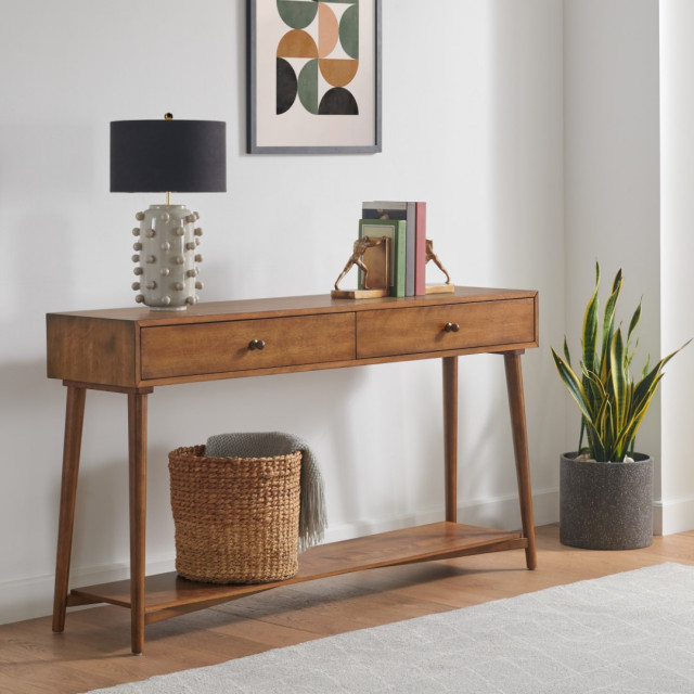 Mid-Century Modern 2 Drawer Sofa Console Table, Cinnamon - Midcentury ...