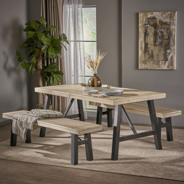 GDF Studio 3-Piece Amaya Indoor Farmhouse Light Gray Acacia Wood Picnic Set - Farmhouse - Dining ...