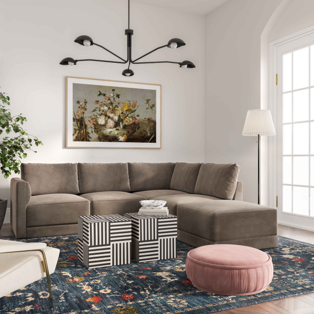 Flix Modular Velvet Sectional Sofa, Modern 5 Piece RAF Sectional Couch Set - Transitional ...