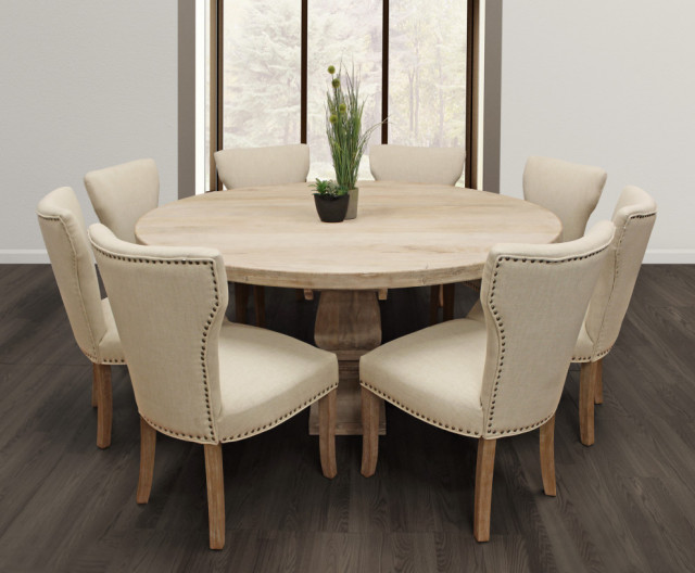 Benedict 9-Piece Dining Set, 70" Round Dining Table & 8 Ivory Linen Chairs - Farmhouse - Dining ...